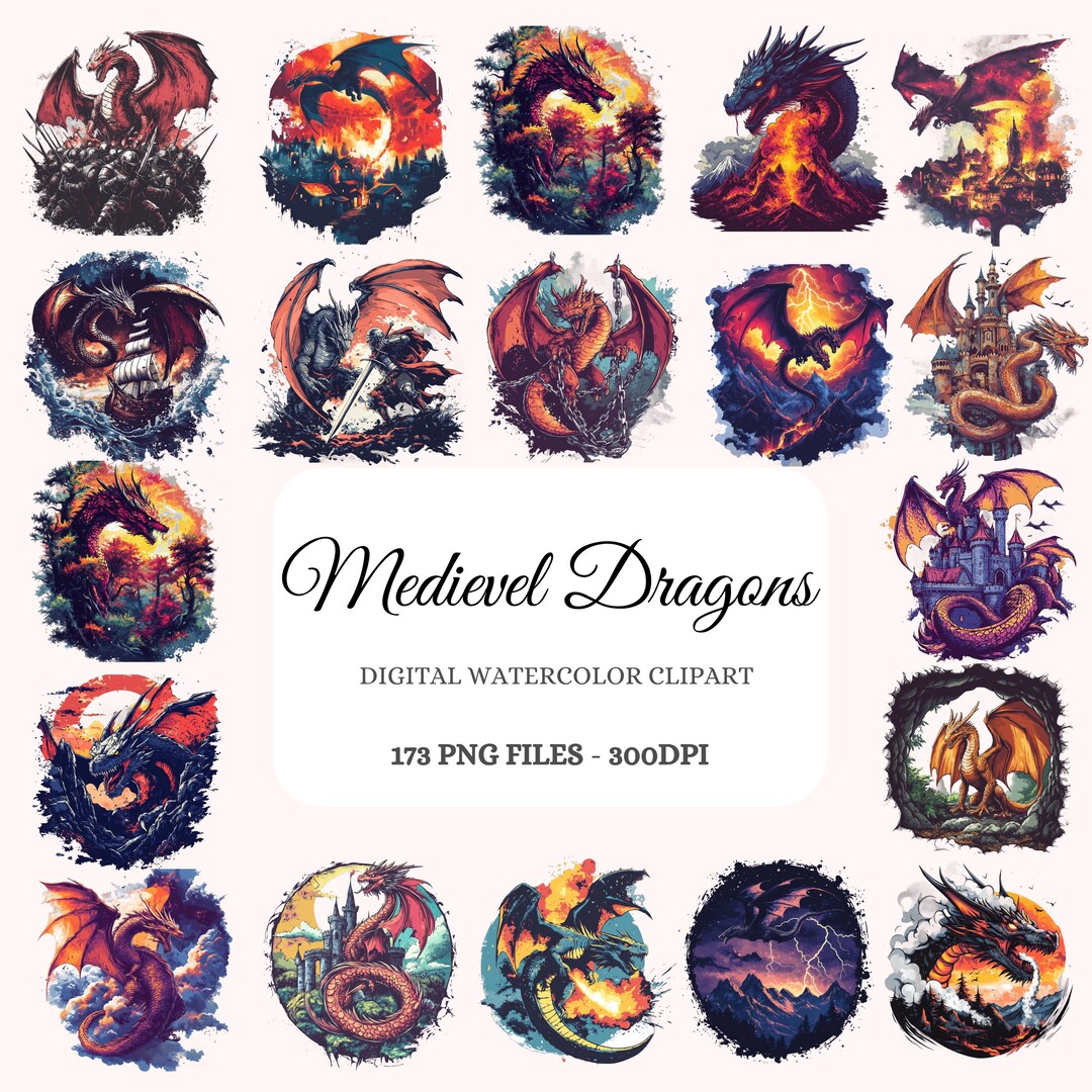 Medieval Dragons Watercolor Clipart Bundle – 173 PNG Dragon ...