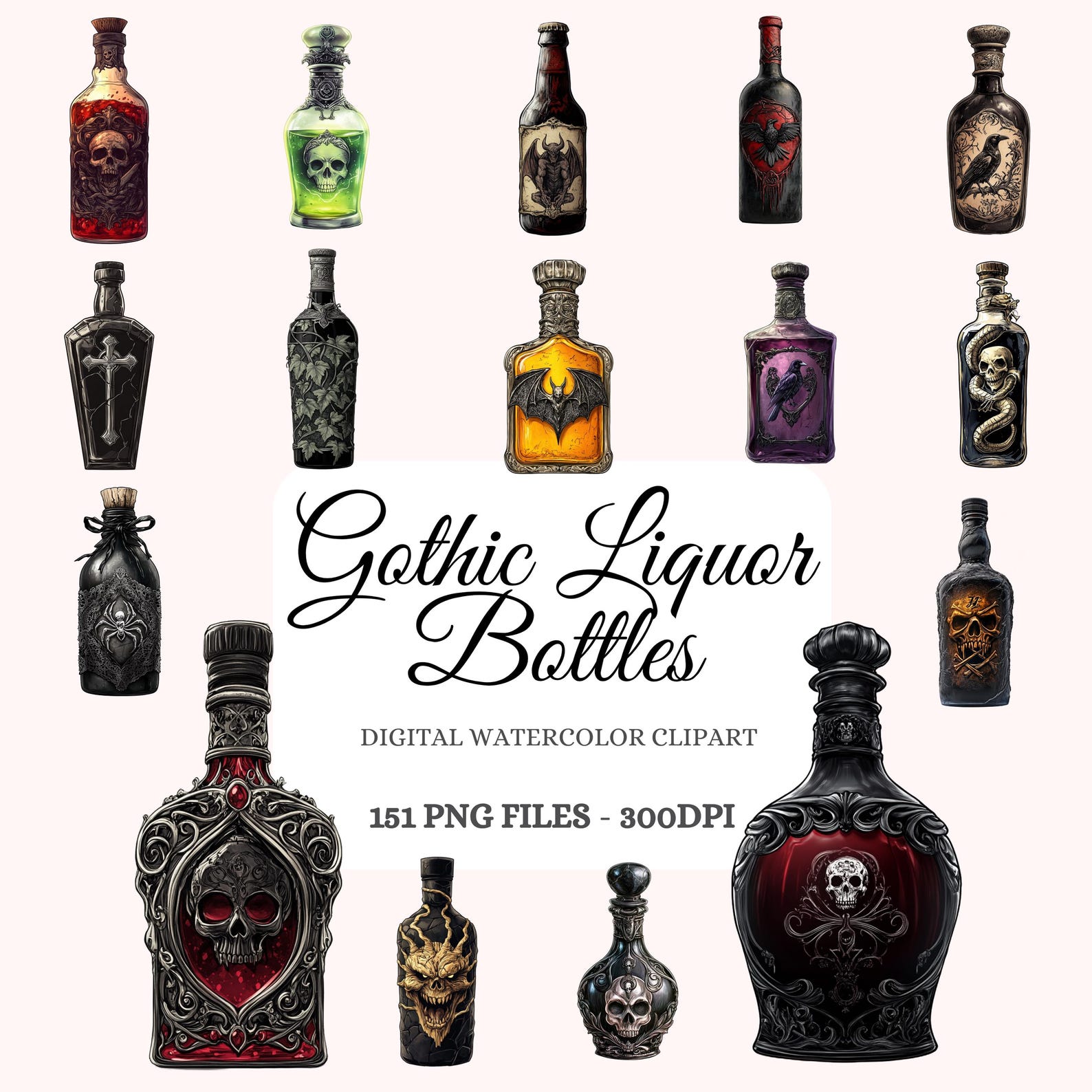 Gothic Liquor Bottles Watercolor Clipart Bundle – Vintage Alcohol PNG ...