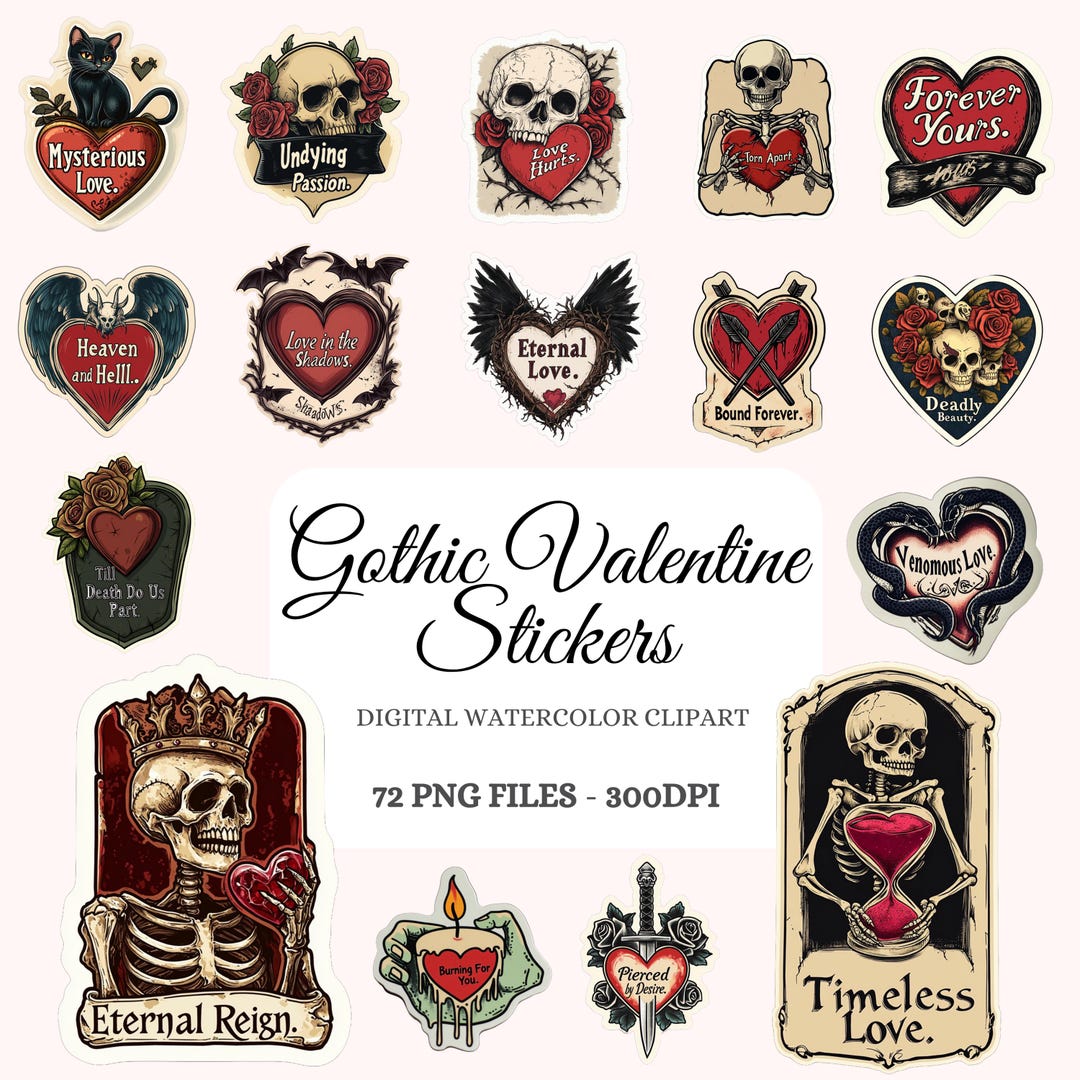 Gothic Valentine Stickers Clipart Bundle – 72 Dark Romantic PNG Designs ...