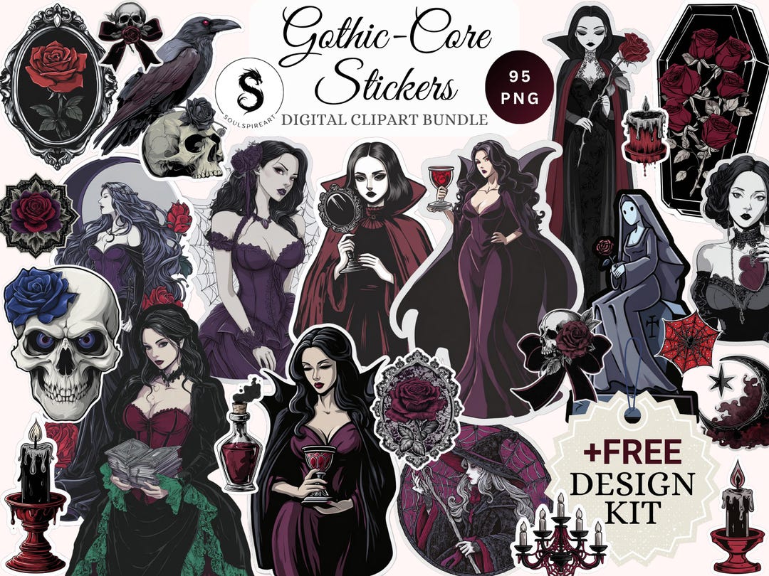 Gothic Core Stickers Clipart Bundle, Dark PNG Designs (digital Download ...