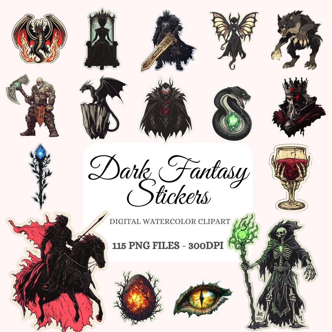Dark Fantasy Sticker Designs Clipart Bundle - 115 Unique Gothic Dark ...
