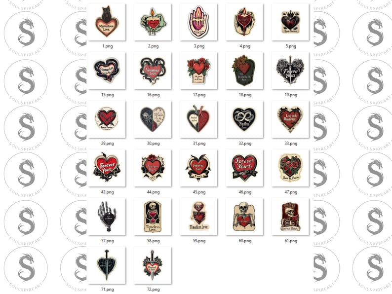 Gothic Valentine Stickers Clipart Bundle 72 Dark Romantic PNG Designs ...
