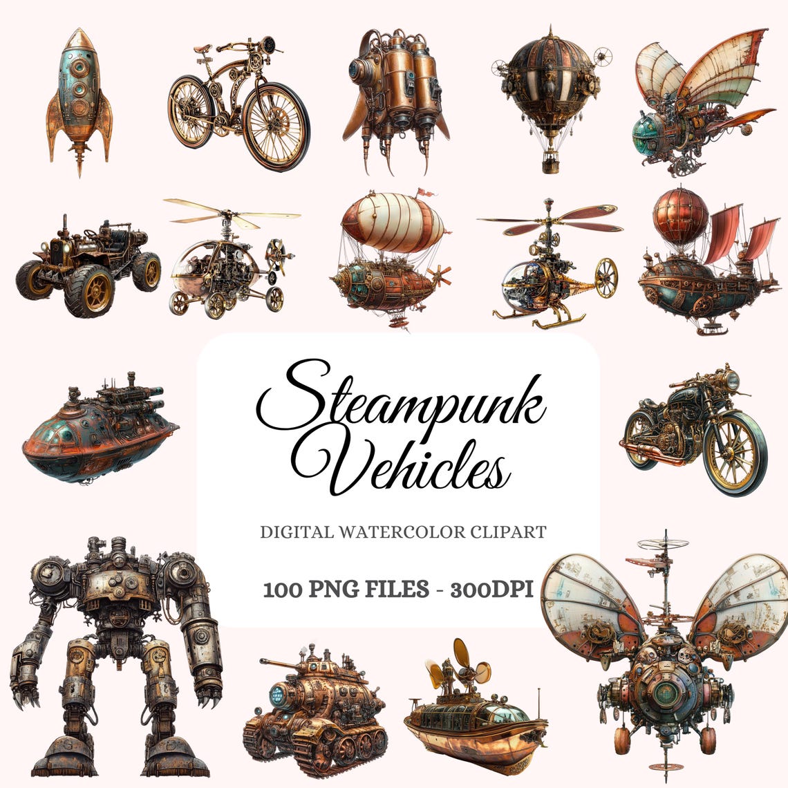 Steampunk Vehicles Clipart Bundle – 100 Retro-futuristic Designs, High ...