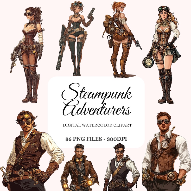 Steampunk Adventurers Clipart Bundle – 86 Unique Retro-futuristic ...