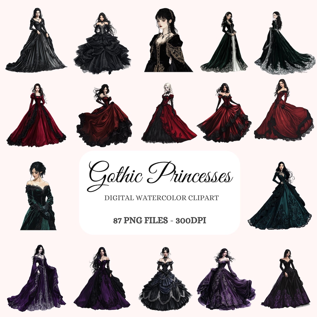 Gothic Princesses Watercolor Clipart Bundle – 87 Dark Fantasy Princess ...