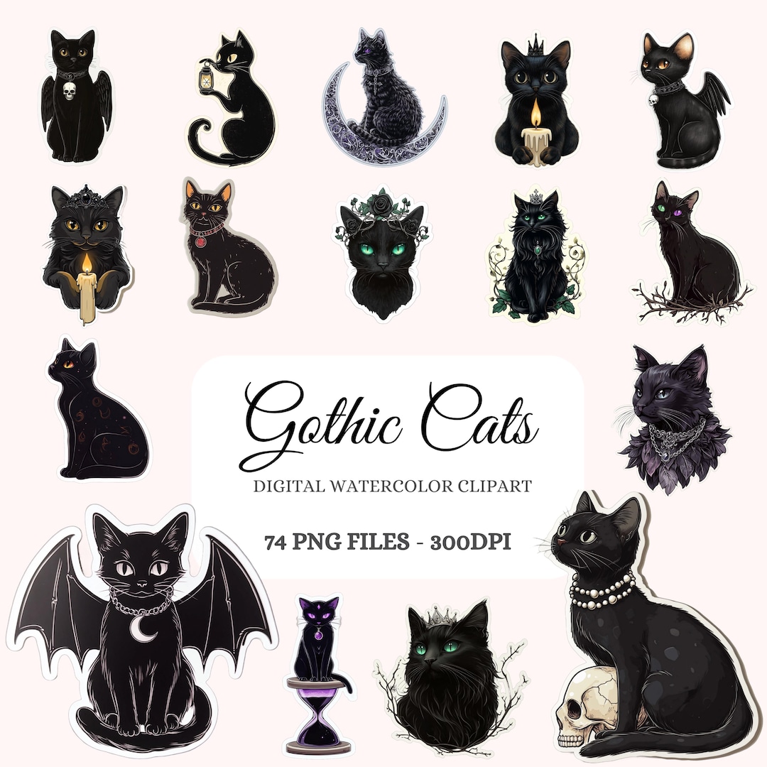 Gothic Cats Clipart Bundle – 74 Dark Sticker Designs, Dark Aesthetic ...