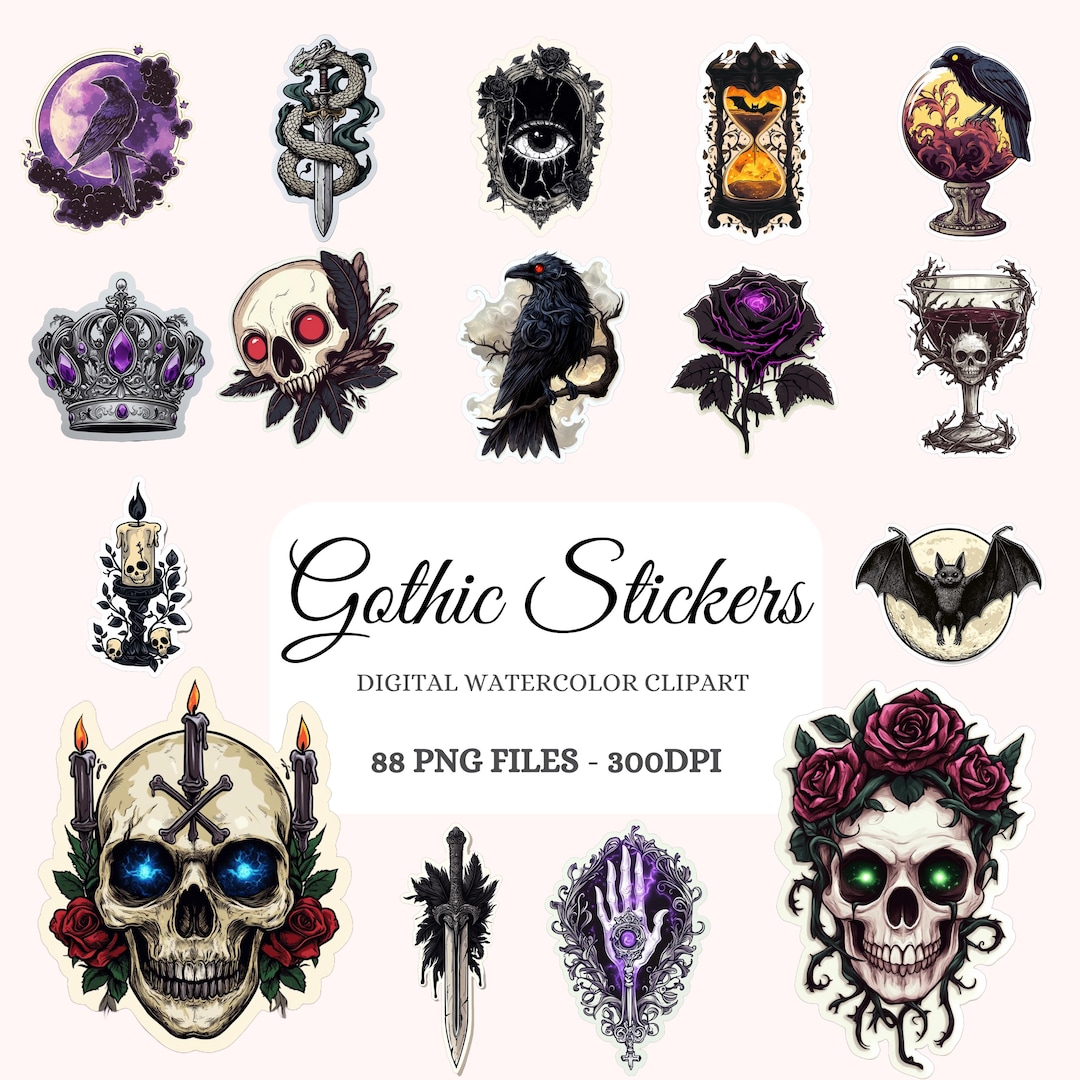 Gothic Stickers Clipart Bundle – 88 Dark Aesthetic Sticker Designs ...