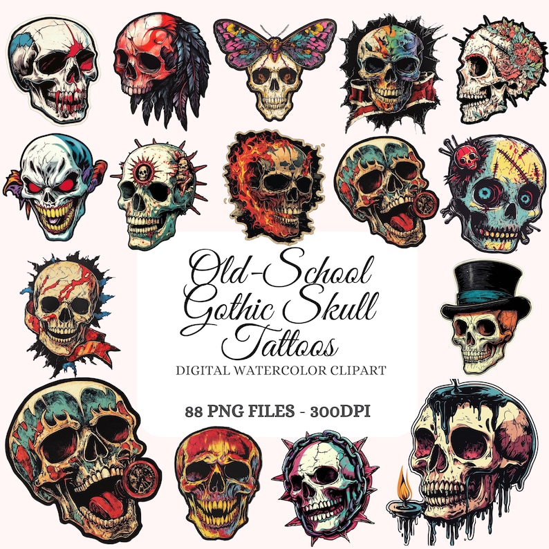 Old-school Gothic Skull Tattoos Clipart Bundle – Traditional Tattoo ...