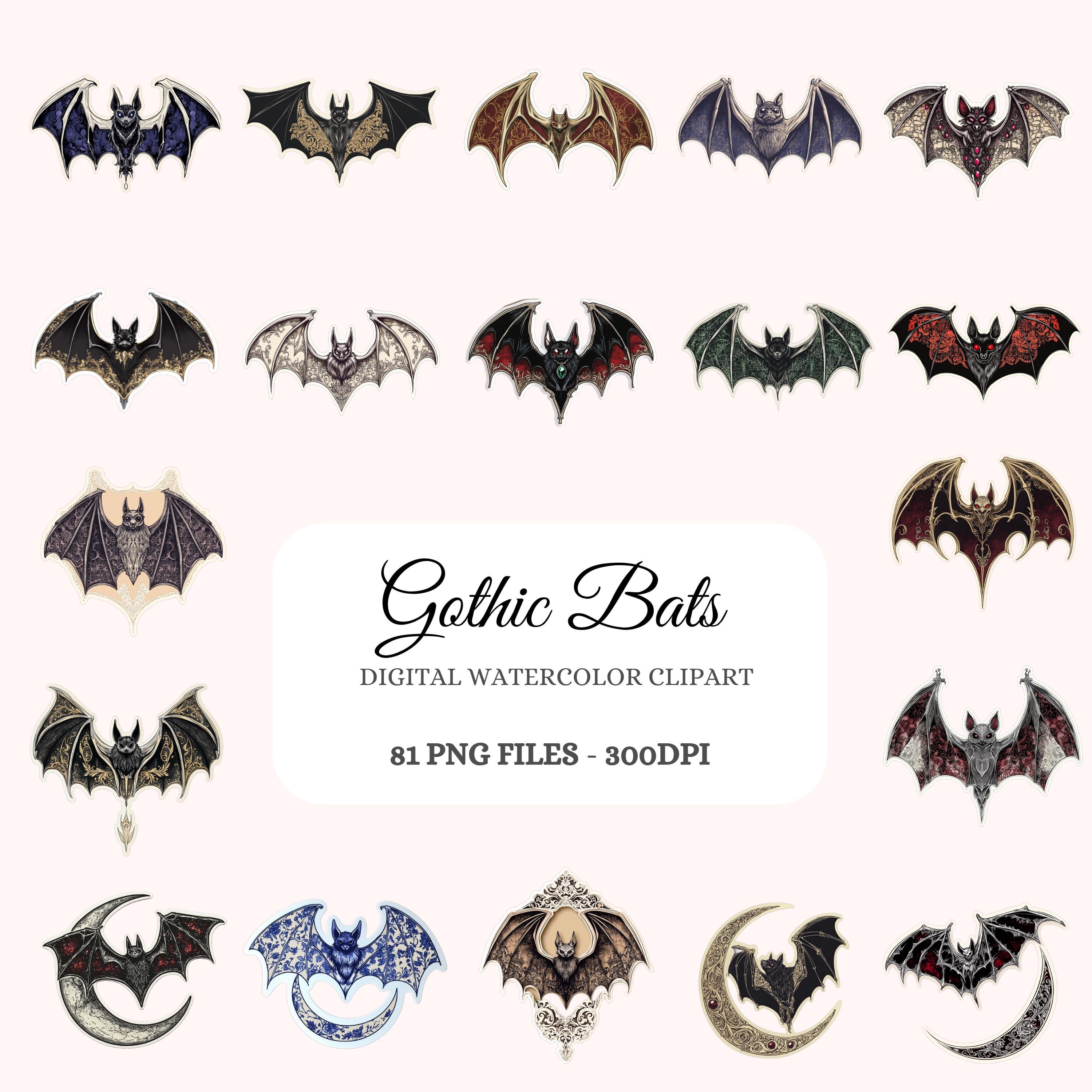 Gothic Bats Clipart Bundle – 81 PNG Dark Sticker Designs, Vintage Bat ...