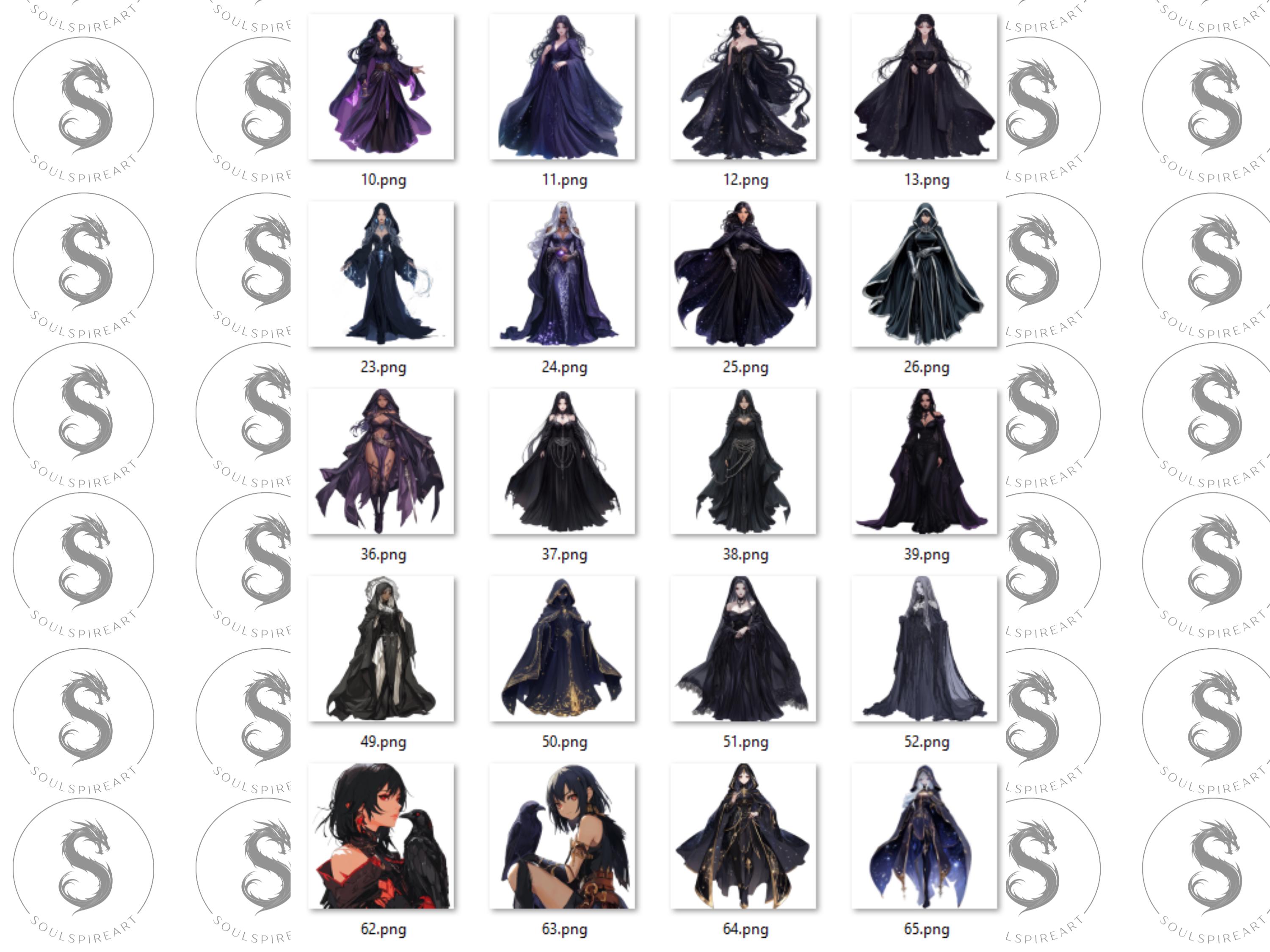 Dark Mages Watercolor Clipart Bundle – 65 Images, Anime-style Female ...