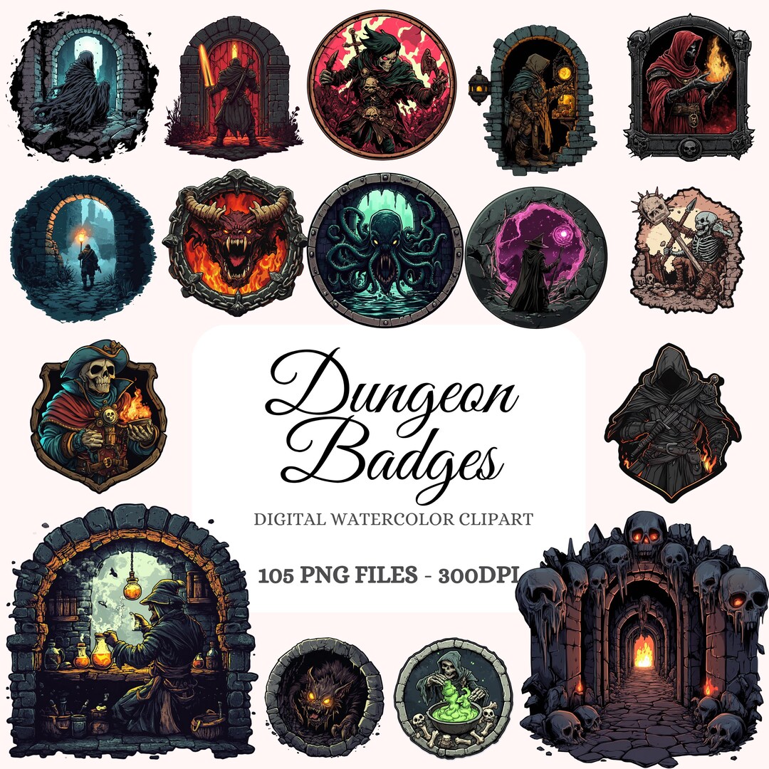 Dungeon Badges Watercolor Clipart Bundle – 105 Images, Fantasy Dungeon ...