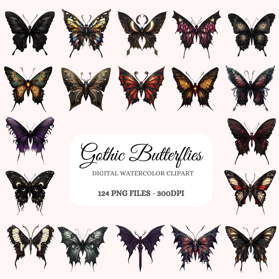Gothic Butterflies Watercolor Clipart Bundle – 124 Dark Butterfly ...
