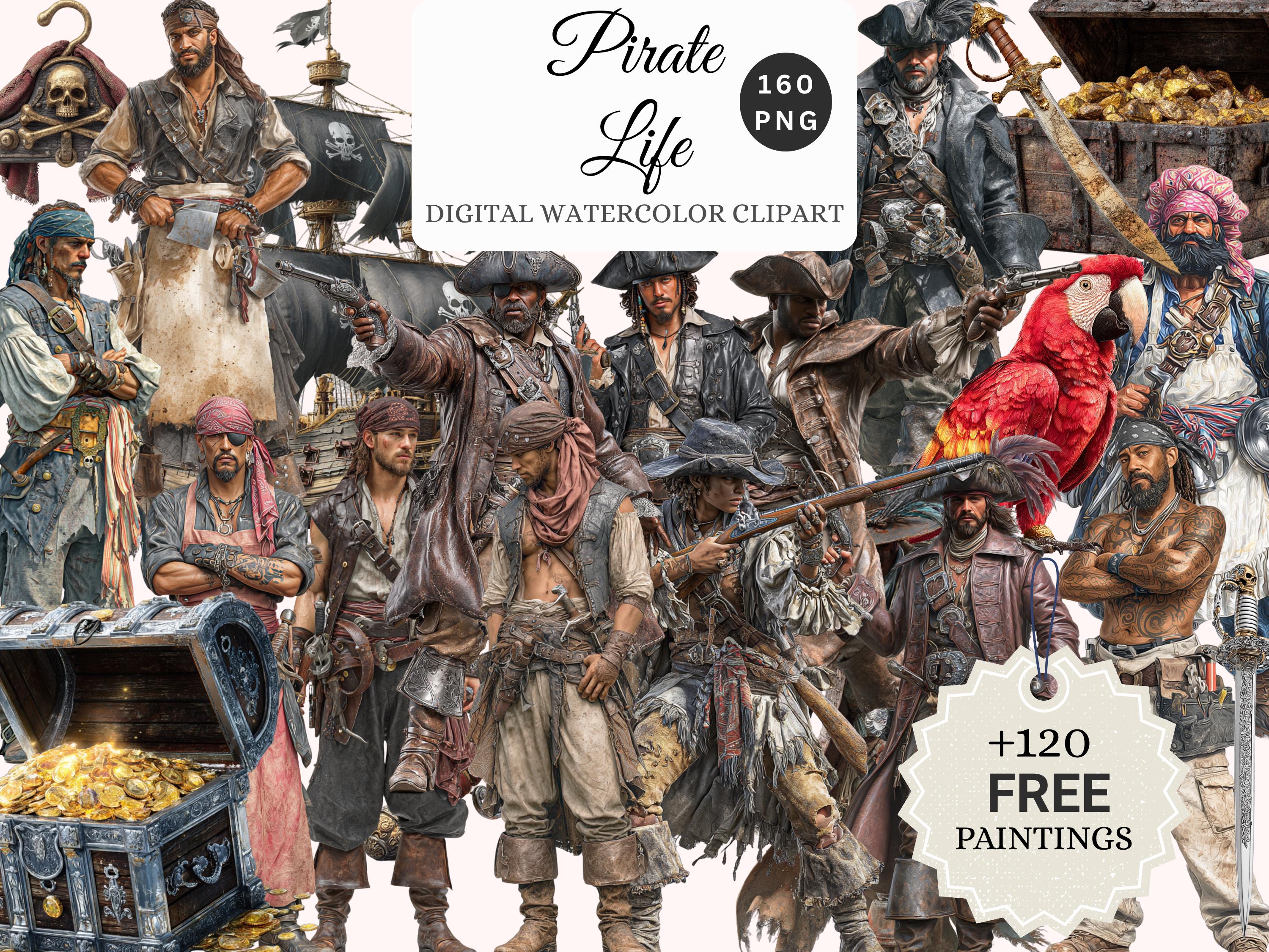 Pirate Life Watercolor Clipart Bundle – Ships, Chests, Parrots (160 ...