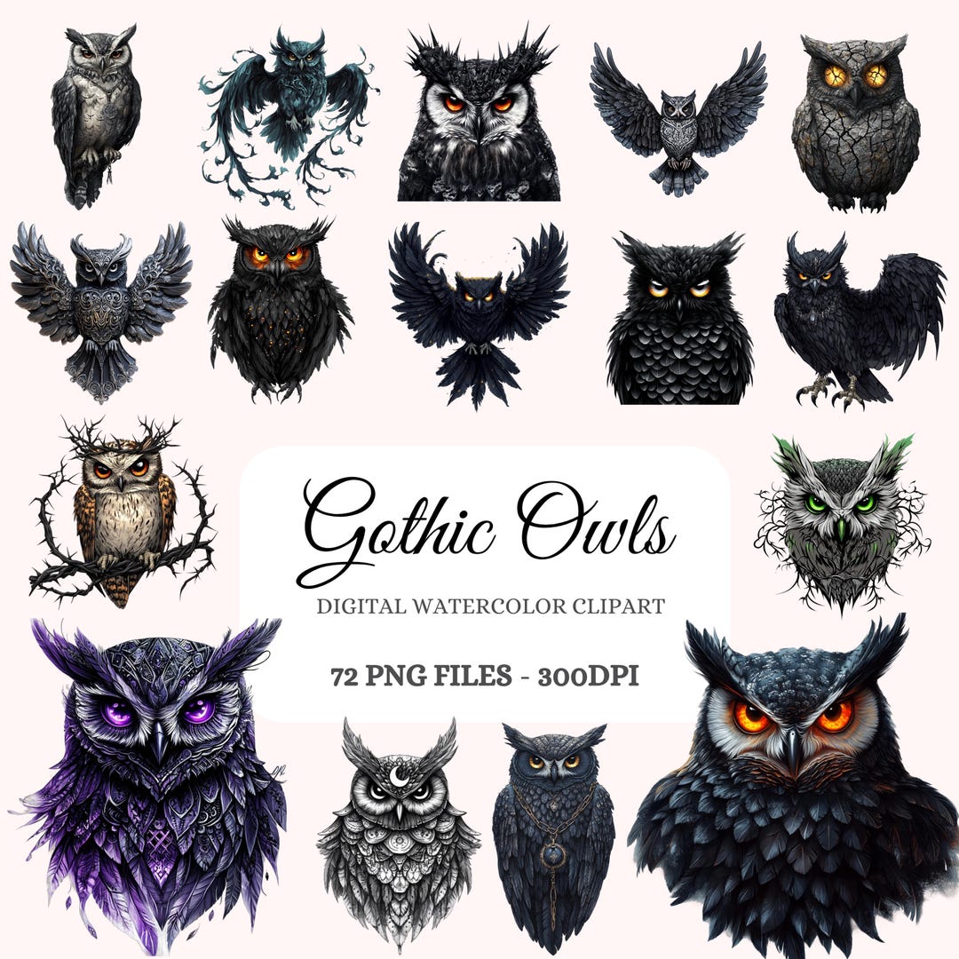 Gothic Owls Watercolor Clipart Bundle – 72 Dark Fantasy Owl ...