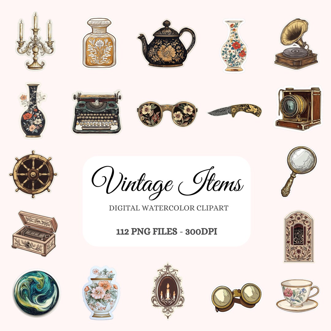 Vintage Items Watercolor Clipart Bundle – 112 Retro & Antique ...