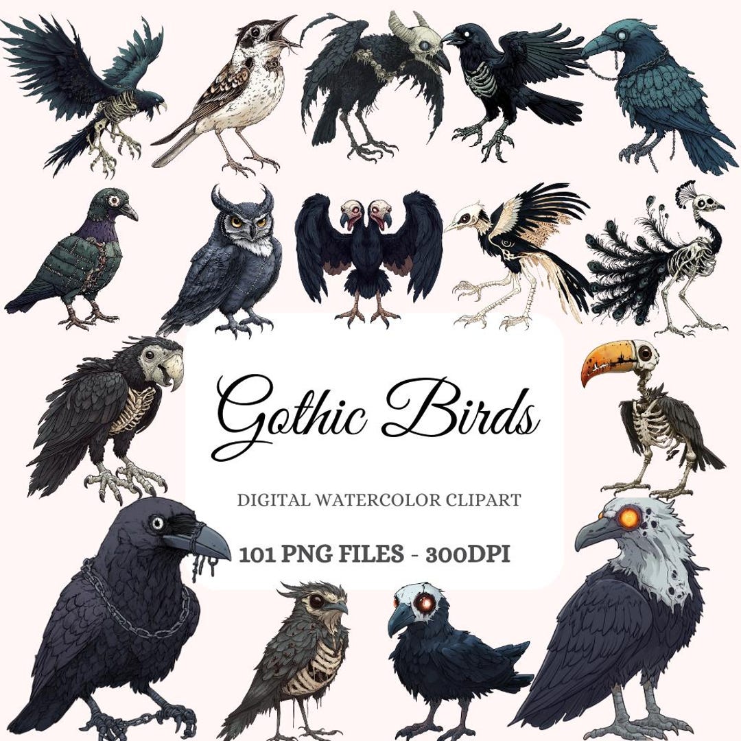 Gothic Birds Watercolor Clipart Bundle – Dark Fantasy Bird PNG (101 ...