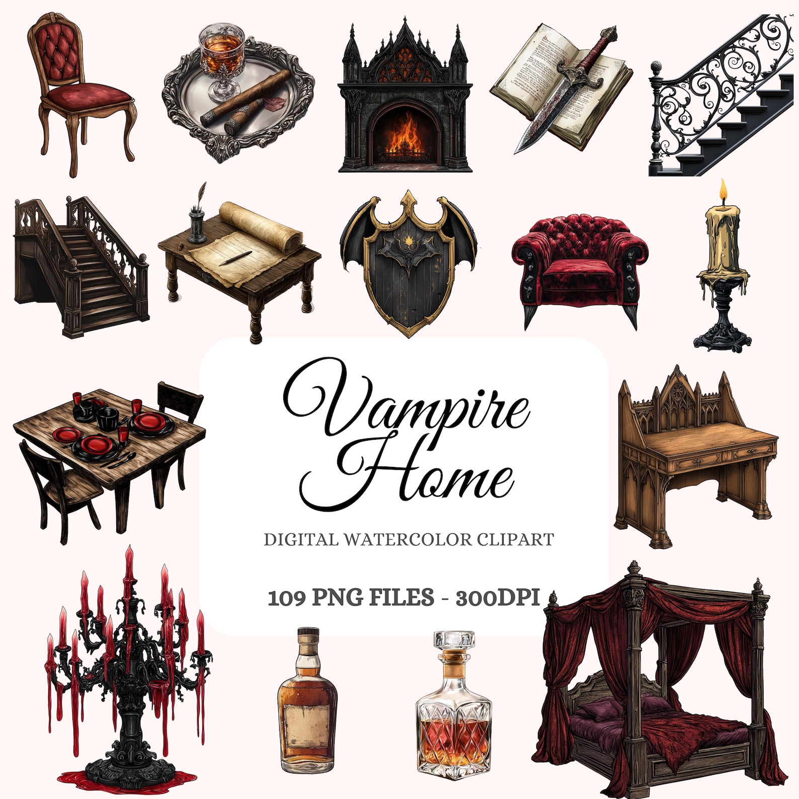 Vampire Home Decorations Clipart Bundle – Gothic Interior Pngs, Dark ...