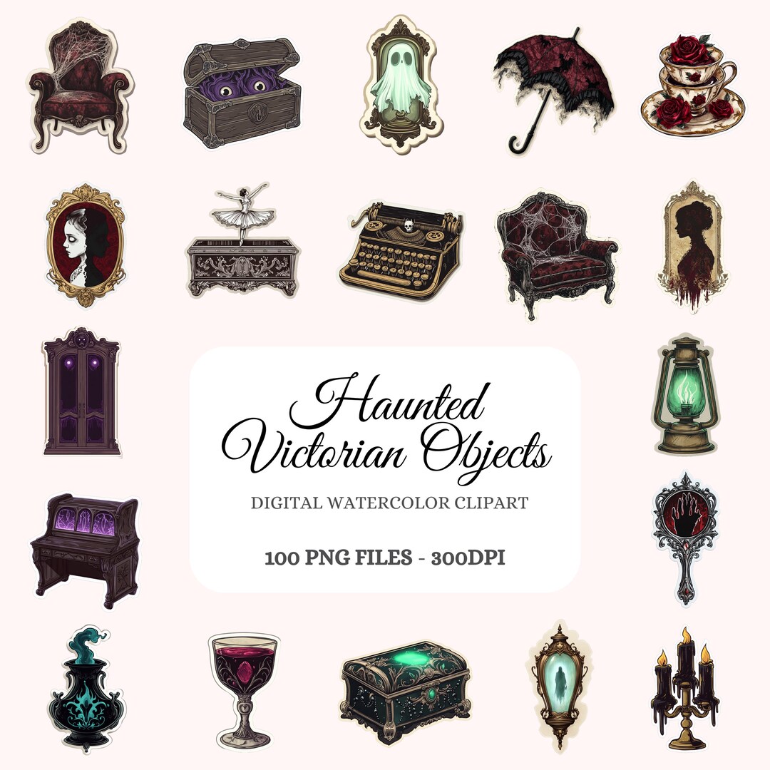 Haunted Victorian Objects Clipart Bundle – 100 PNG Dark Sticker Designs ...