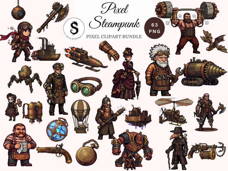 Steampunk Pixel Art Clipart Bundle Retro Game Asset 8bit Airship Robot ...
