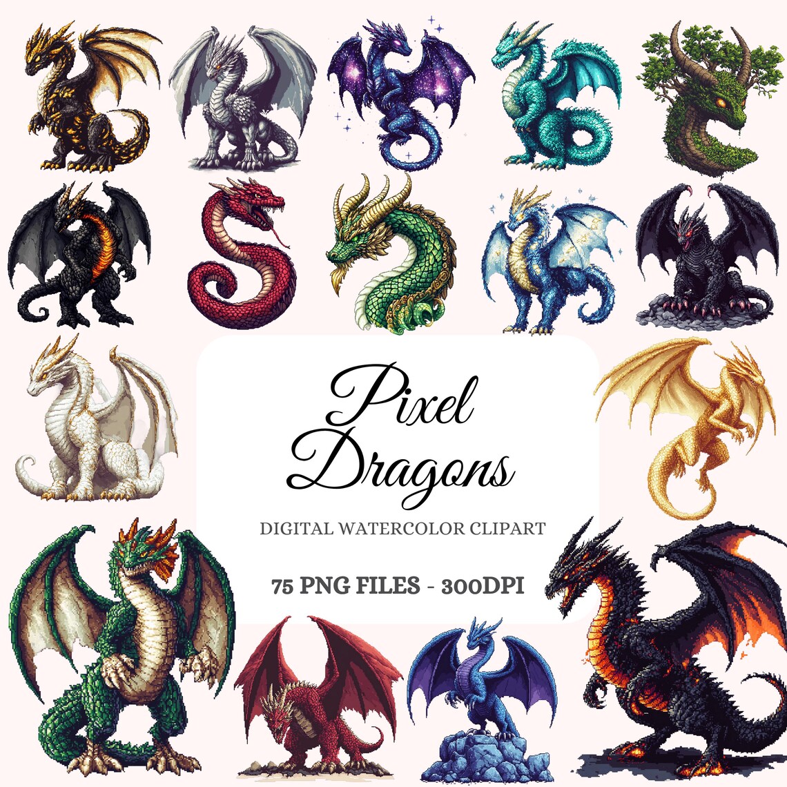 Pixel Dragons Clipart Bundle – 75 Unique Pixel Art Dragon Graphics ...