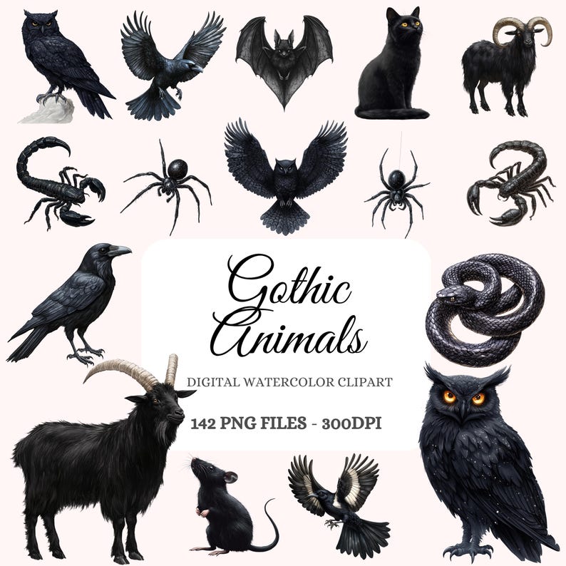 Gothic Animals Watercolor Clipart Bundle – Bats, Cats, Crows, Ravens ...
