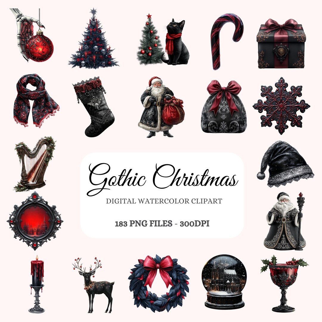 Gothic Christmas Clipart Bundle – 183 Dark PNG Illustrations (digital ...