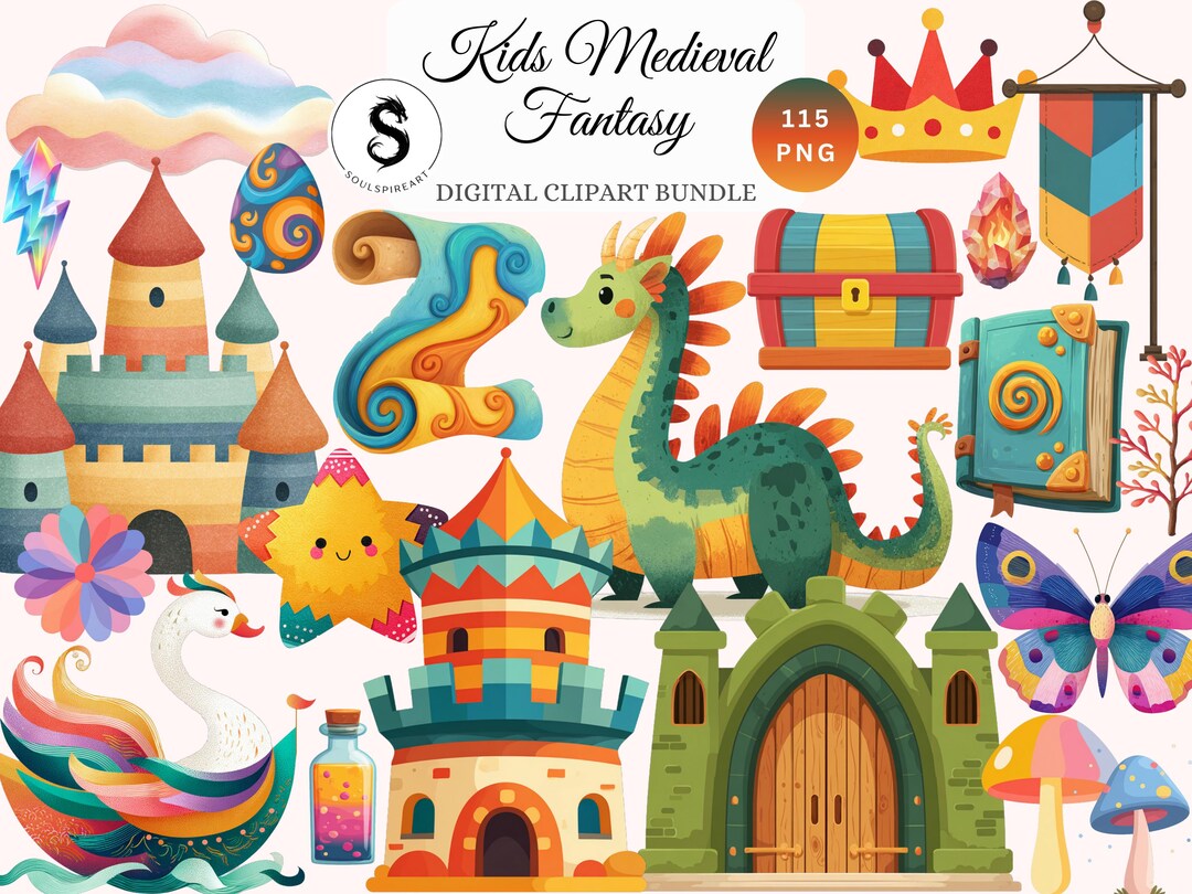 Kids Medieval Fantasy Clipart Bundle Cute Dragon Castle Potion PNG for ...