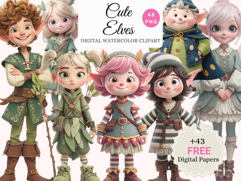 Watercolor Elf Clipart Bundle: Christmas Cartoon Pngs + Digital Papers ...