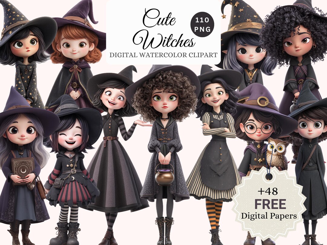 Cute Cartoon Witches Watercolor Clipart Bundle – 110 Adorable Witch ...