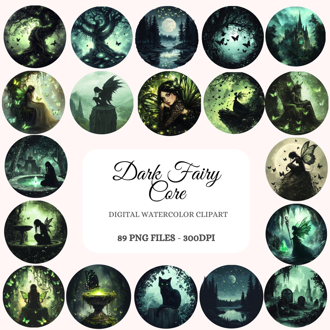 Dark Fairy Core Watercolor Clipart Bundle – 89 PNG Illustrations ...