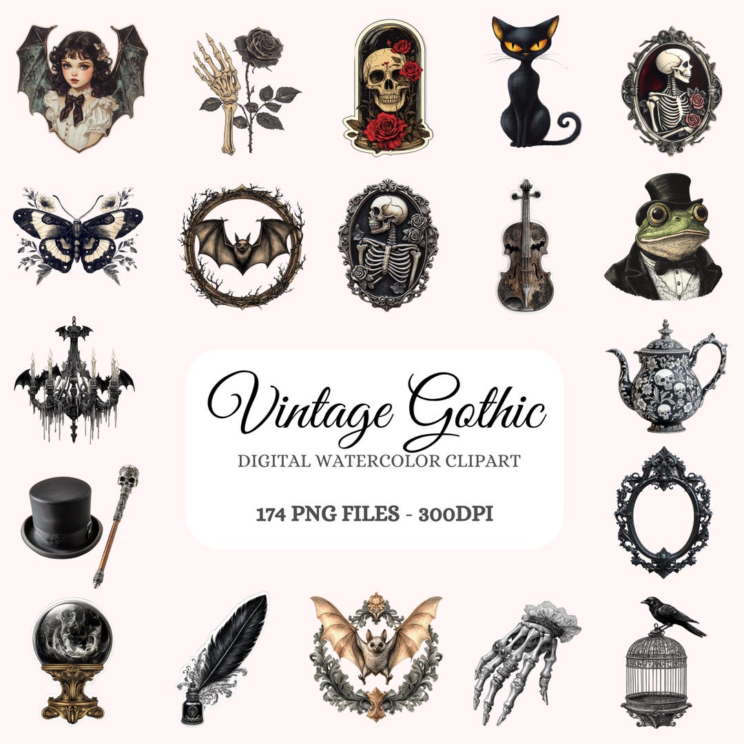 Vintage Gothic Clipart Bundle – 174 PNG Gothic Victorian Sticker-style ...