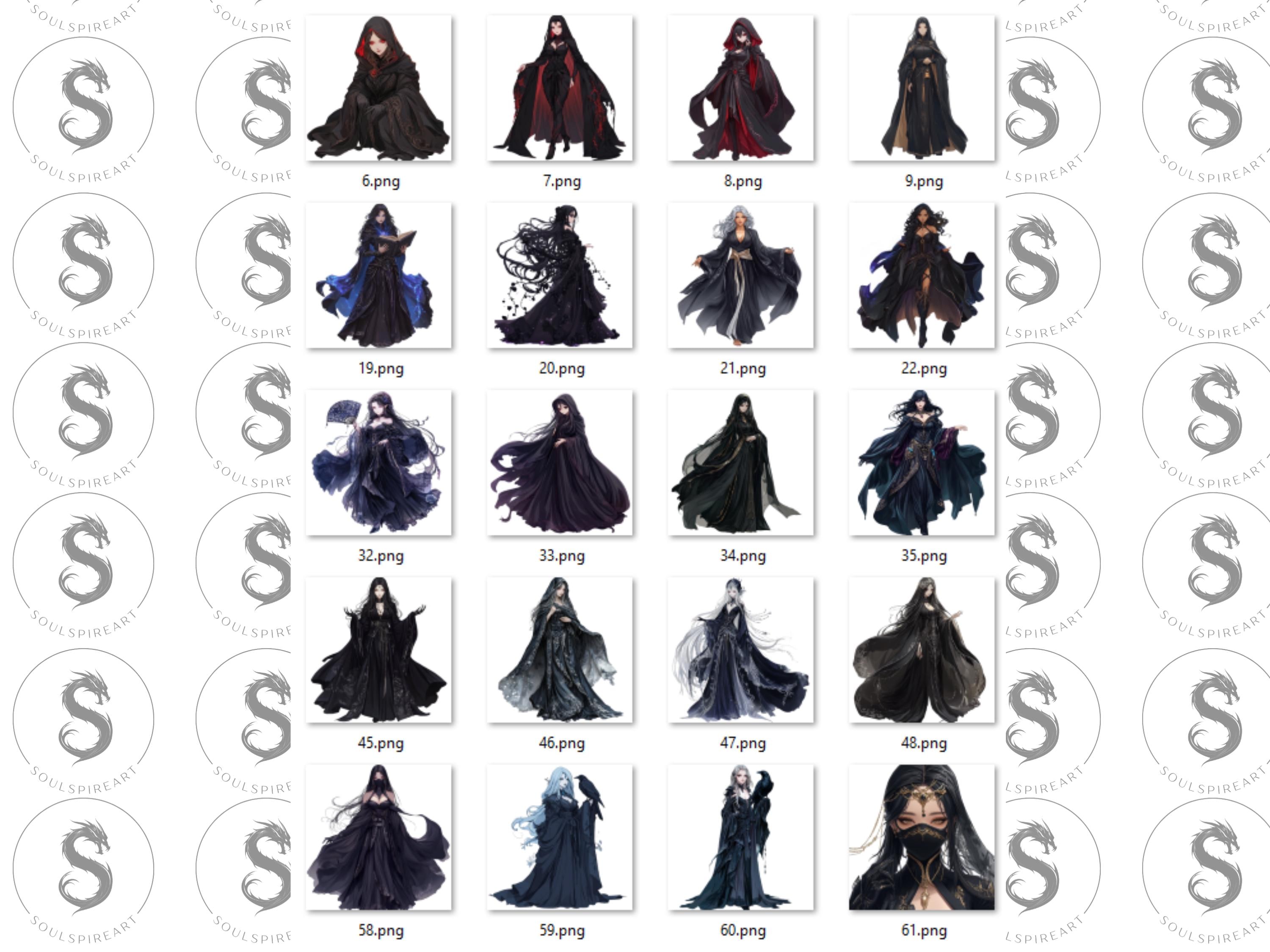 Dark Mages Watercolor Clipart Bundle – 65 Images, Anime-style Female ...