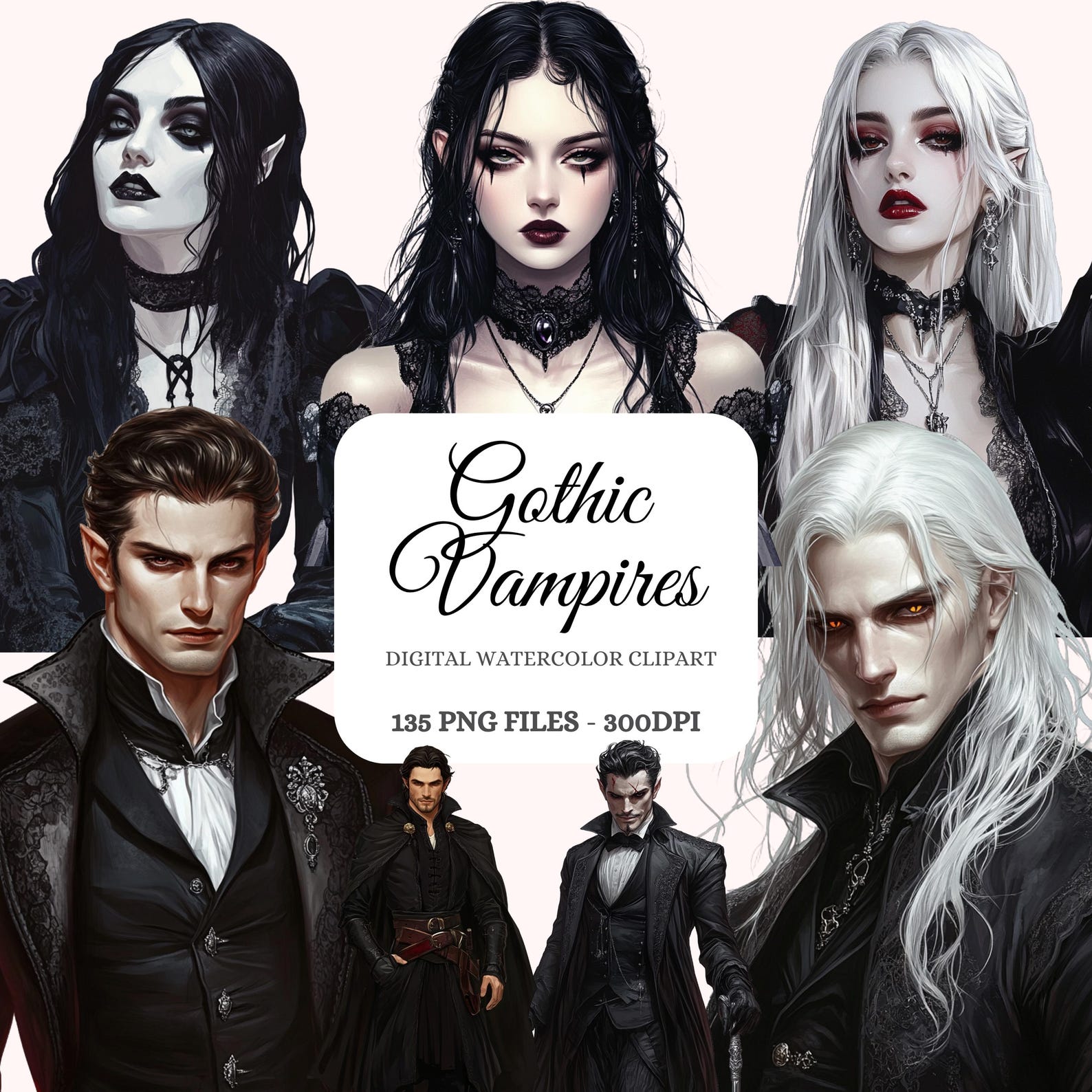 Gothic Vampires Clipart Bundle – 135 Dark Fantasy Pngs of Elegant ...