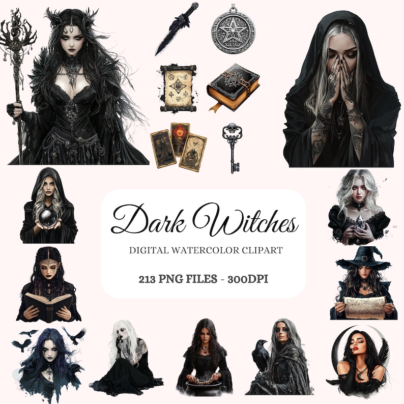 Dark Witches Watercolor Clipart Bundle – Gothic Witchcraft PNG (digital ...
