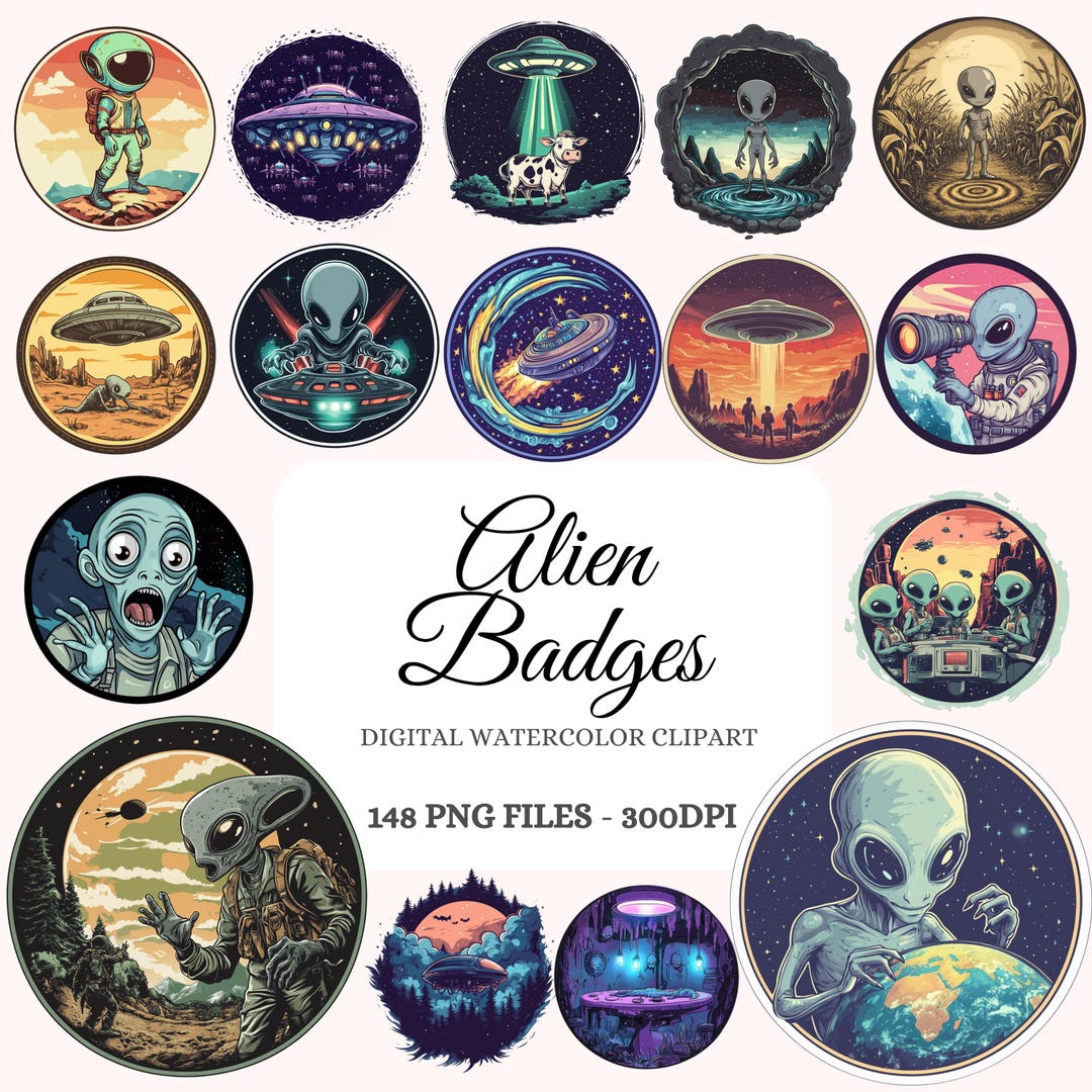 Alien Badges Clipart Bundle 148 Images, Cartoon UFO Designs, Sci-fi ...