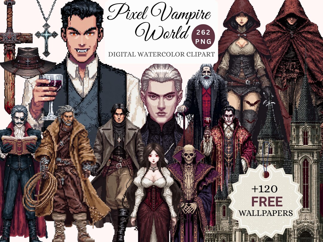 Pixel Vampire World Clipart Bundle | 262 Gothic 16-bit PNG RPG Assets ...