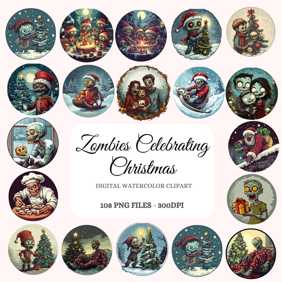 Zombies Celebrating Christmas Clipart Bundle – 108 PNG Gothic Holiday ...