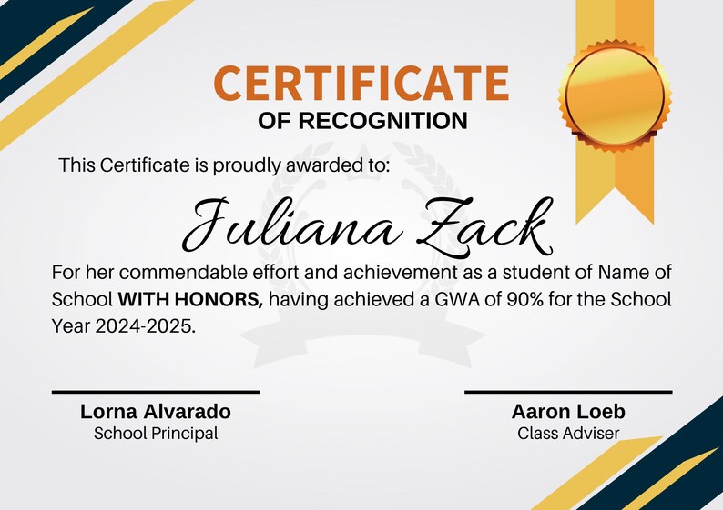 Dark Blue Yellow Orange Certificate of Recognition, Graduation Keepsake ...