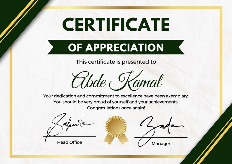 Green and Gold Certificate of Achievement: Customizable Employee Award ...