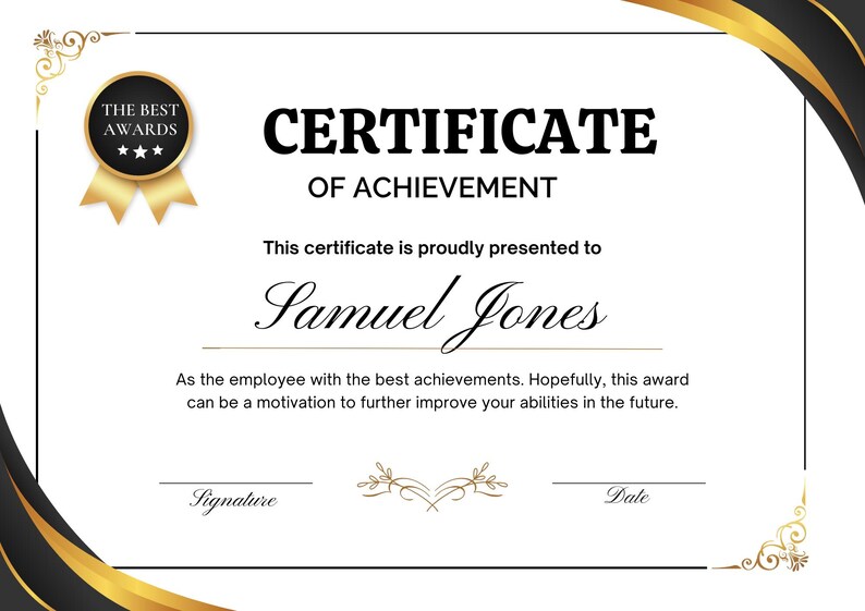 Elegant Black Gold Certificate for Achievement, Luxury Recognition ...