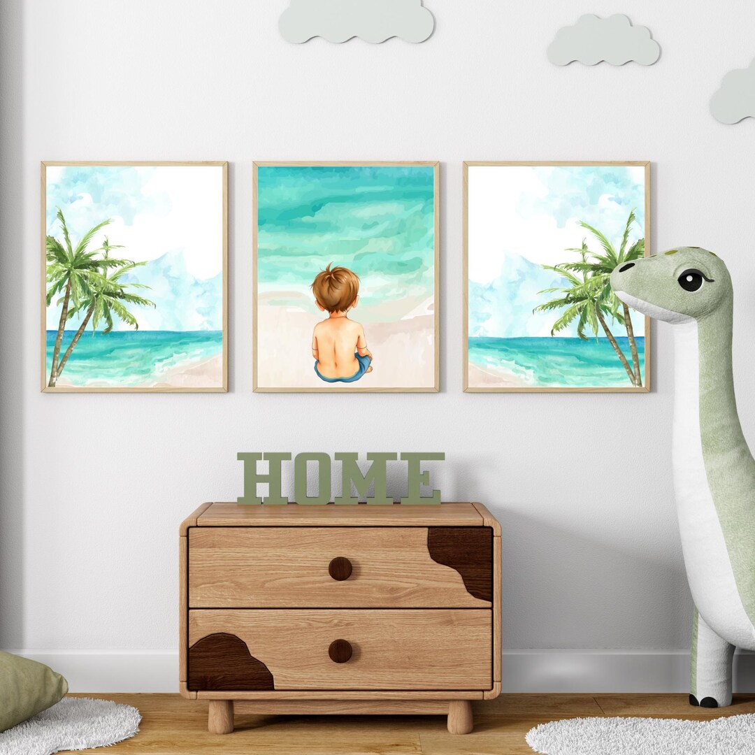 Palm Tree Poster, Little Boy Sitting Wall Art, Beach Poster, Boy Room ...