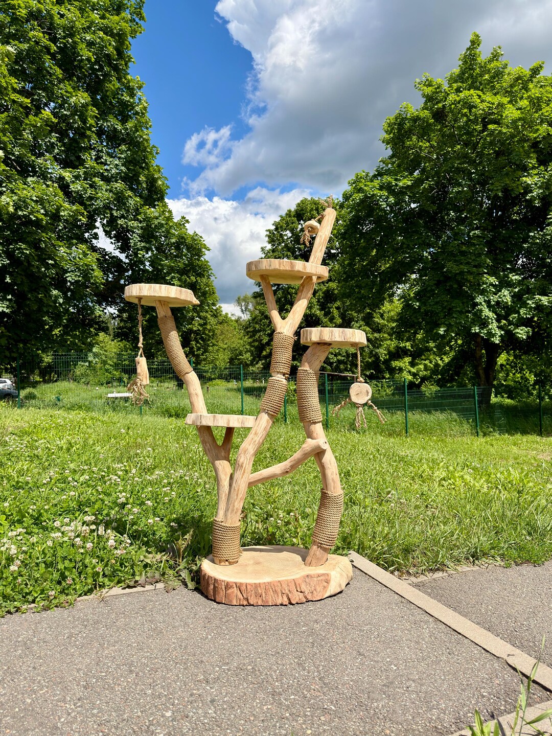 Handmade Oak Cat Tree Natural Wood Scratching Post With Toys and Jute ...