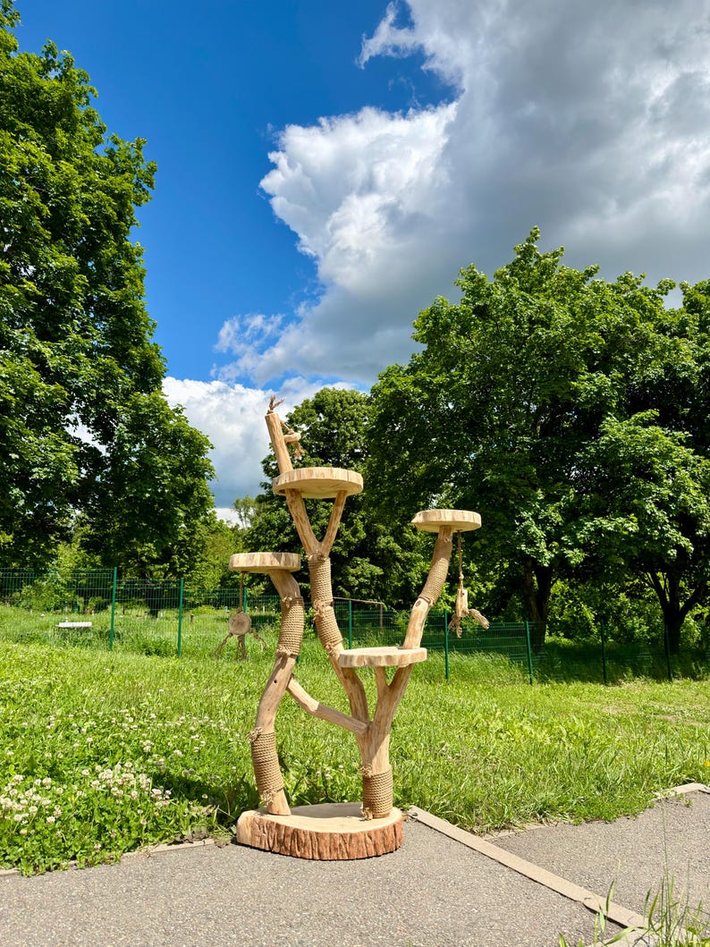 Handmade Oak Cat Tree Natural Wood Scratching Post With Toys and Jute ...