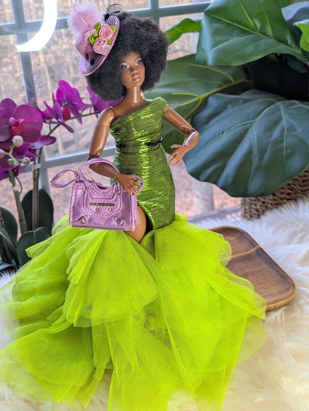 OOAK Redressed Barbie Doll: Green Lime Ball Gown, Designer Purse, Tea ...