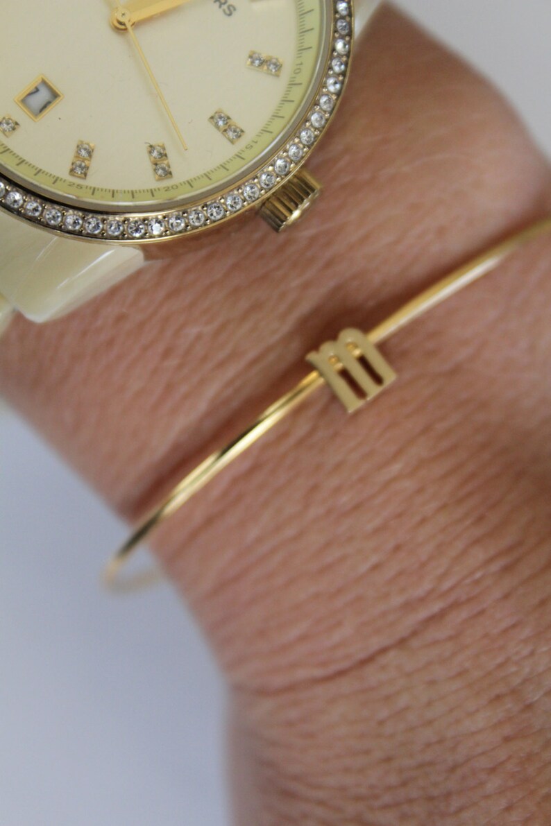 Tiny Gold Initial Bangle BraceletSilver initial bracelet. | Etsy