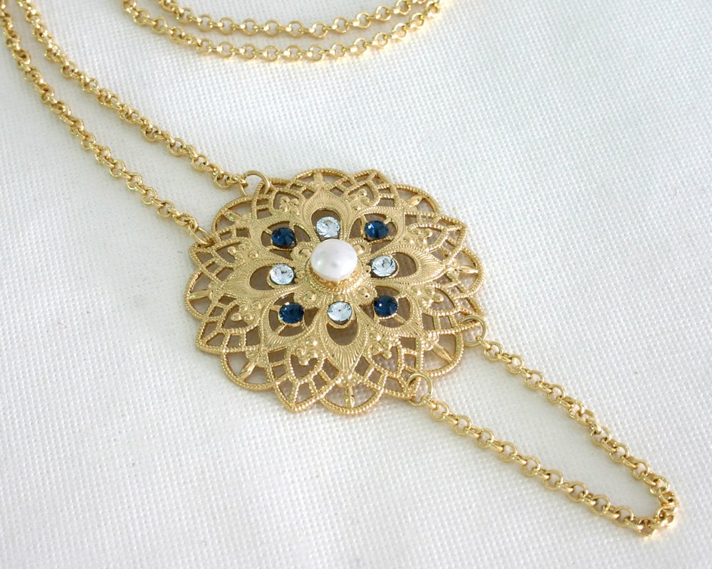 Long Gold Pendant Necklace, Blue Long Necklace, Gold Blue Necklace ...