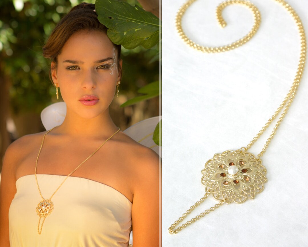 Long Gold Pendant Necklace With Crystals, a Beautiful Gift for a Woman ...