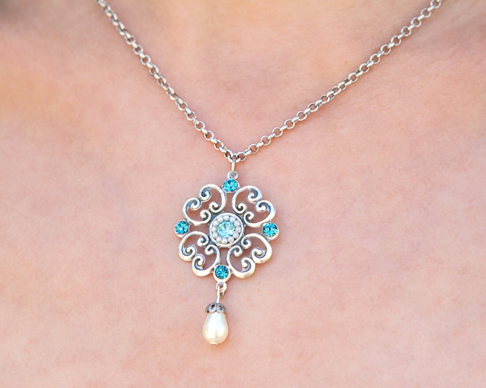 Blue Crystal Necklace Blue Crystal Pendant Silver Blue - Etsy