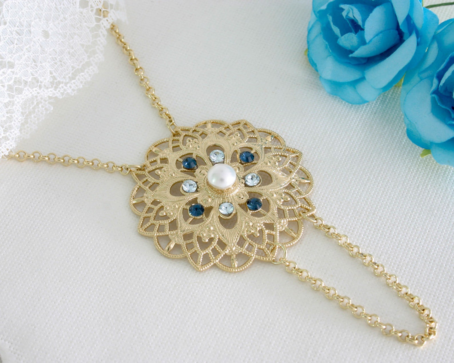 Long Gold Pendant Necklace With Crystals, a Beautiful Gift for a Woman ...