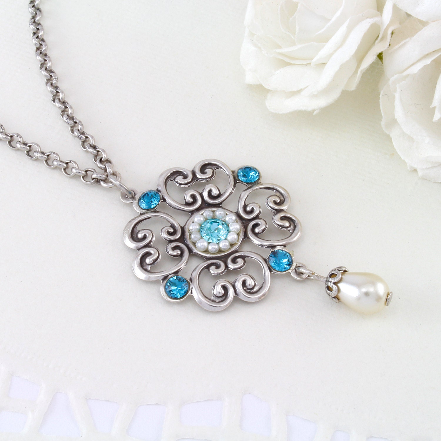 Blue Crystal Necklace Blue Crystal Pendant Silver Blue - Etsy